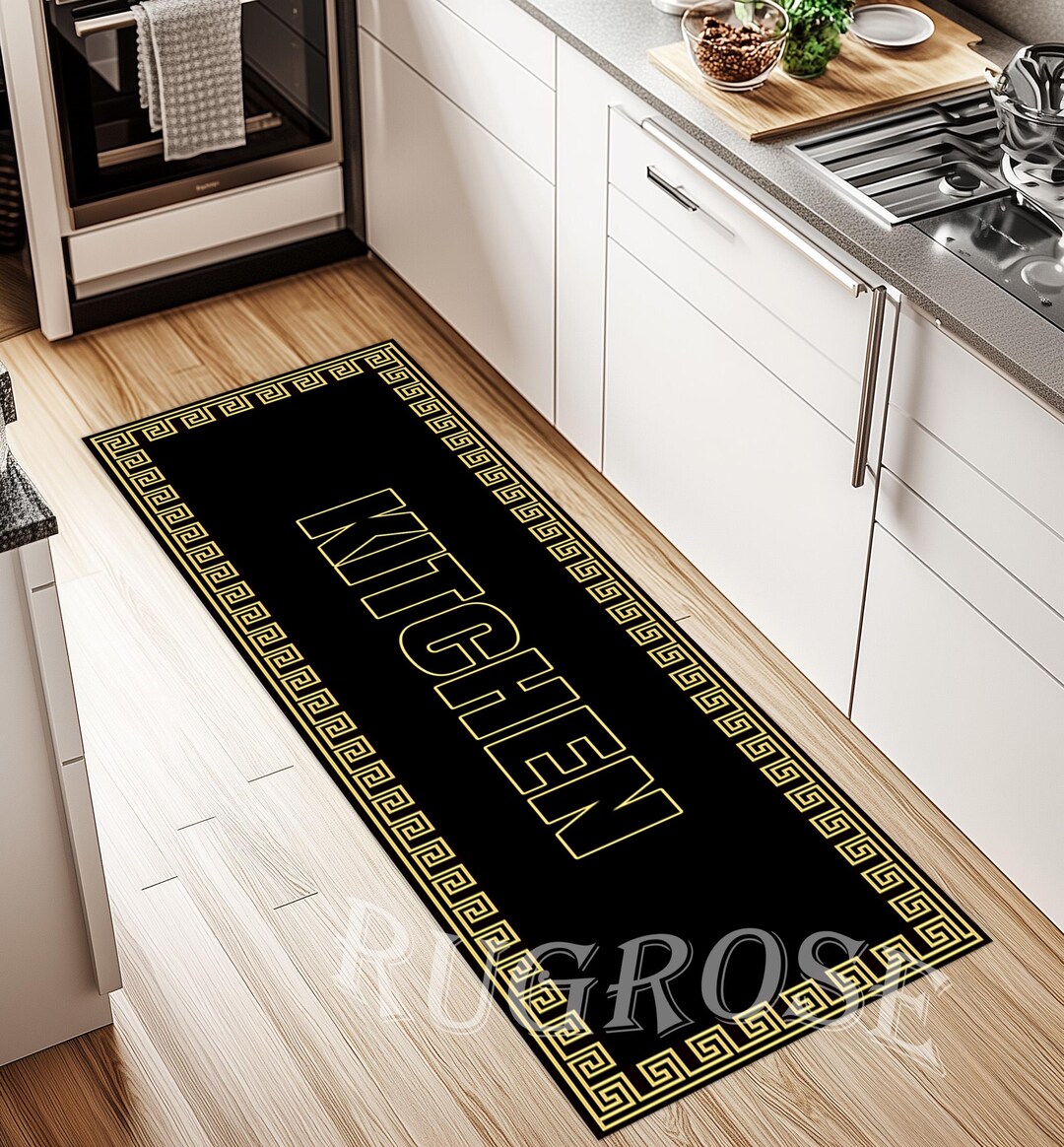 Kitchen Rug, Greek Motifs Kitchen Rug,gold and Black Kitchen Rug ...