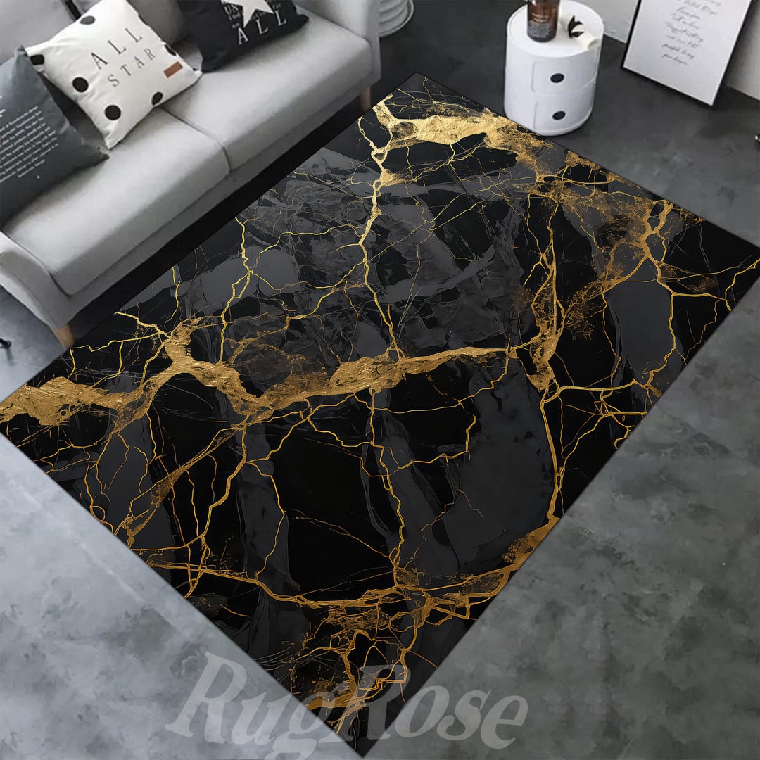 Marble Design Rug,black Gold Marble Rug,marble Effect Rug,marble Themed ...