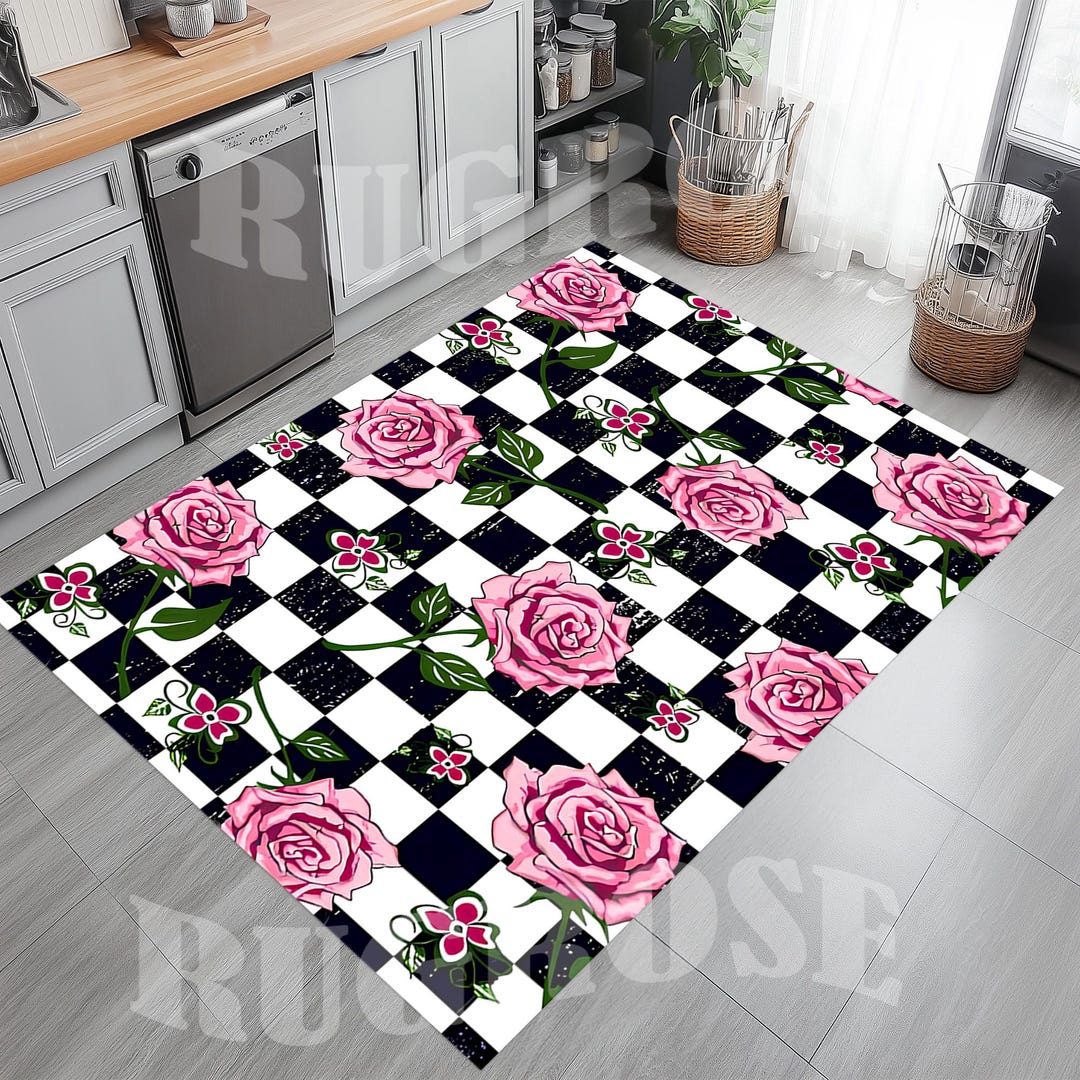 Pink Rose Rug, Modern Floral Rug, Square Pattern Rug, Black Striped Rug ...