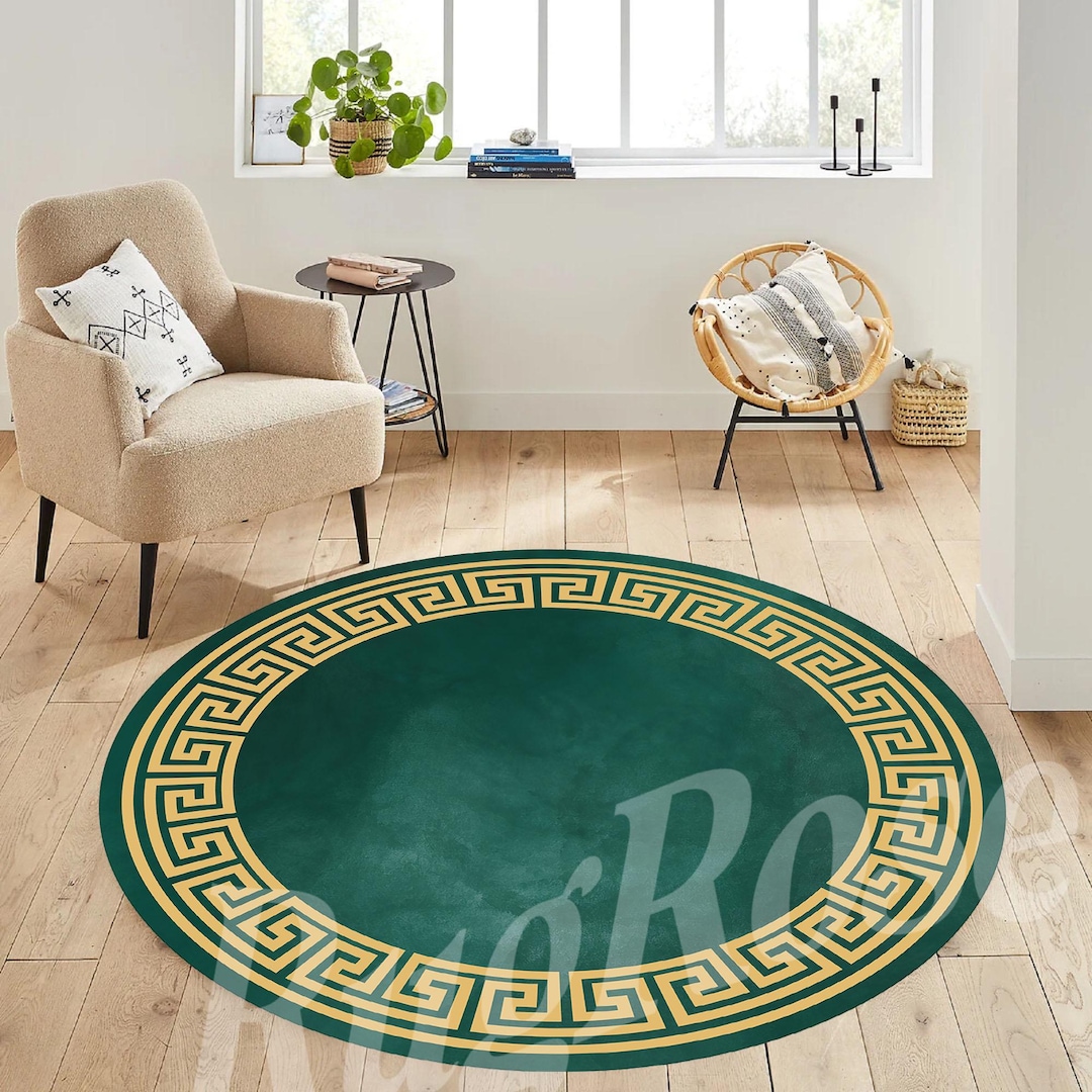 Gold and Green Rug, Round Greek Rug,greek Decor Rug, Greek Motifs Rug ...