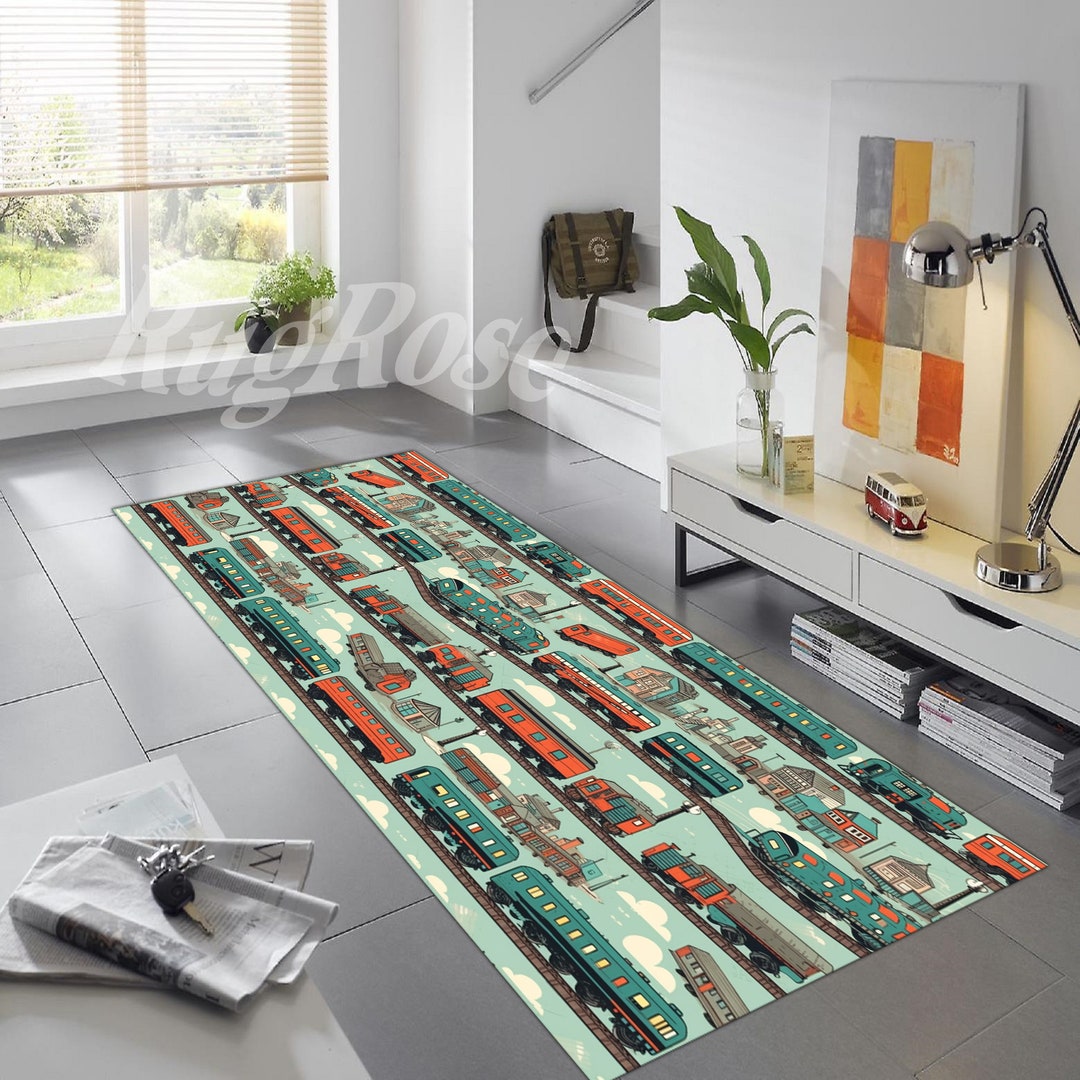 Train Rug, Train Runner Rug, Cute Train Rug, Train Track Rug, Train ...