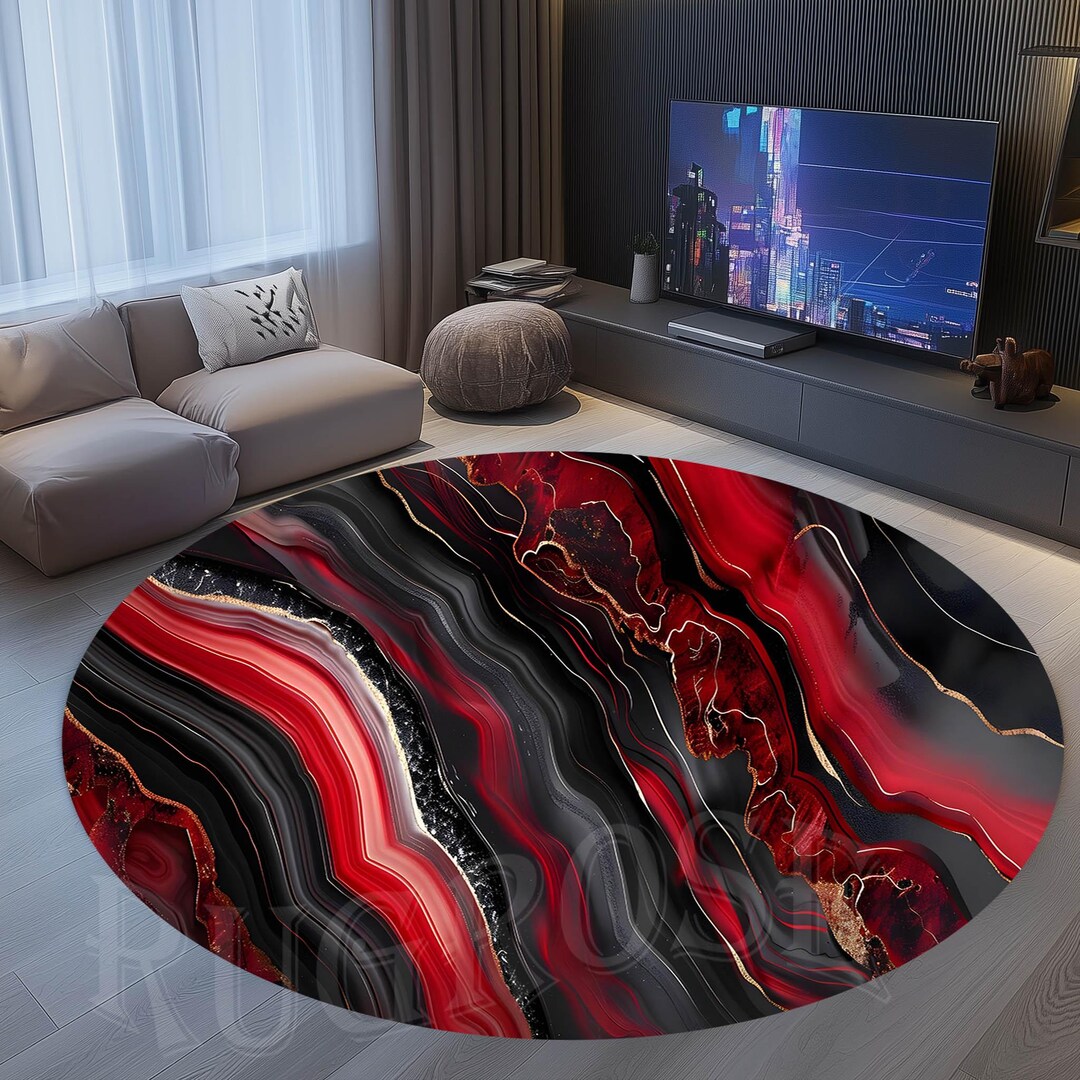 Red Black Marble Rug, Marble Round Rug, Silver Marble Rug, Marble ...