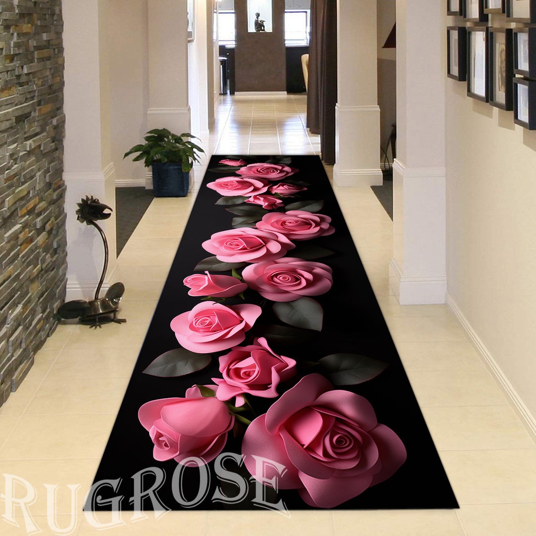 Pink Roses, Pink Roses Rug, Pink Roses Runner Rug, Roses Long Rug ...