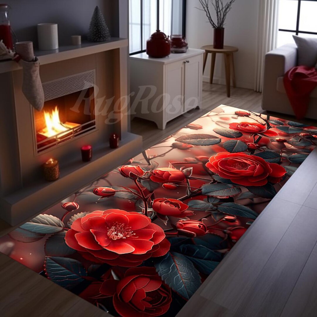 Red Flower Rug, Flower Rug, Red Roses Rug, Flower Design Rug, Flower ...
