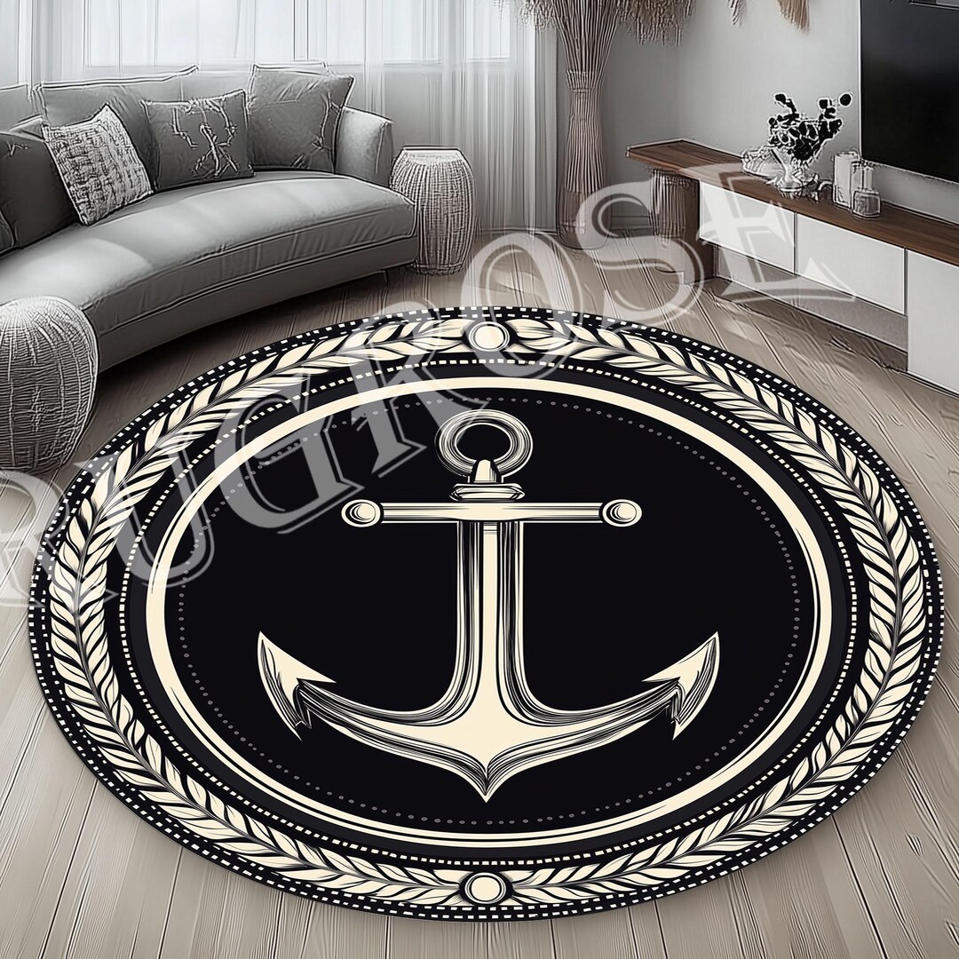 Round Anchor Rug, Black White Anchor Rug, Anchor Decor Rug, Ship Anchor ...