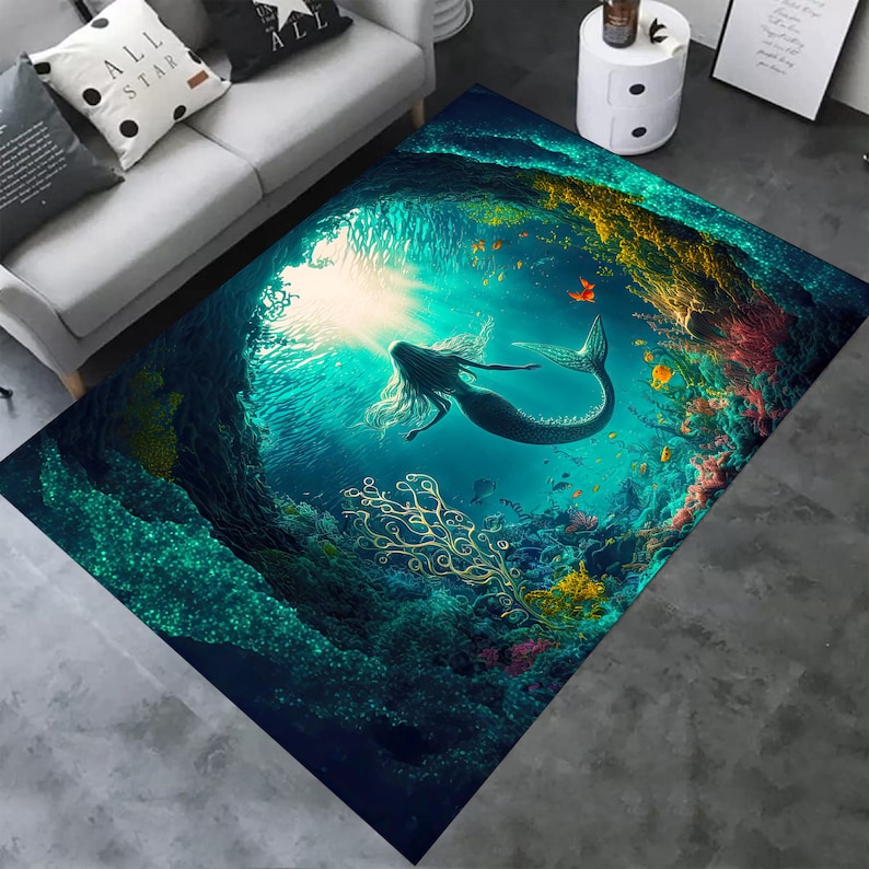 Mermaid Area Rug, Underwater Fantasy Decor, Non-slip Cotton Base - Etsy
