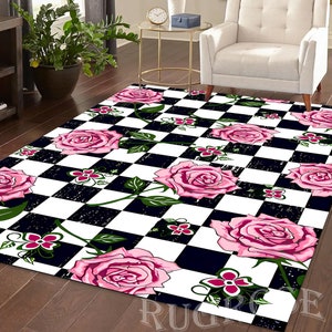 Pink Rose Rug, Modern Floral Rug, Square Pattern Rug, Black Striped Rug ...