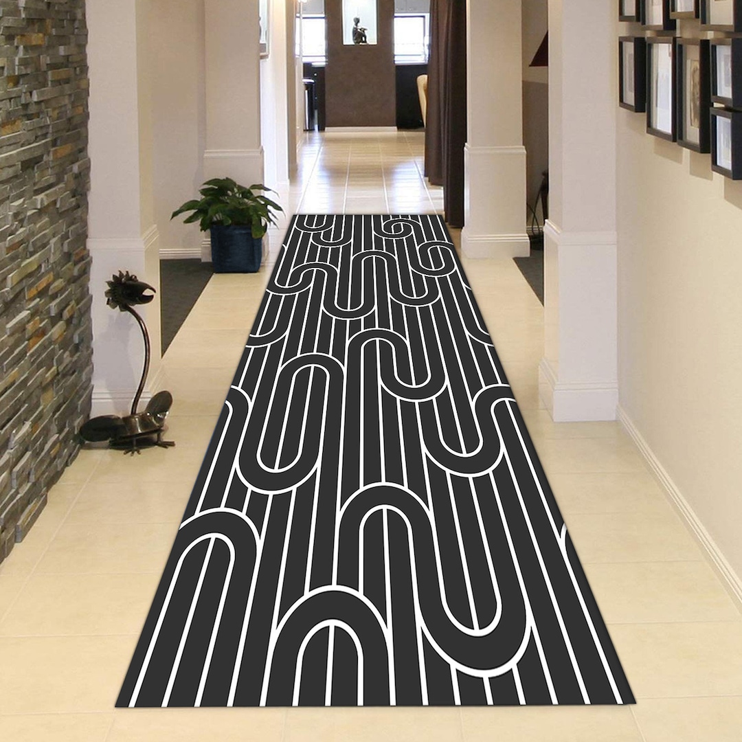 Maze Rug, Maze Long Rug, Black and White Rug, Twisted Lines Hallway Rug ...