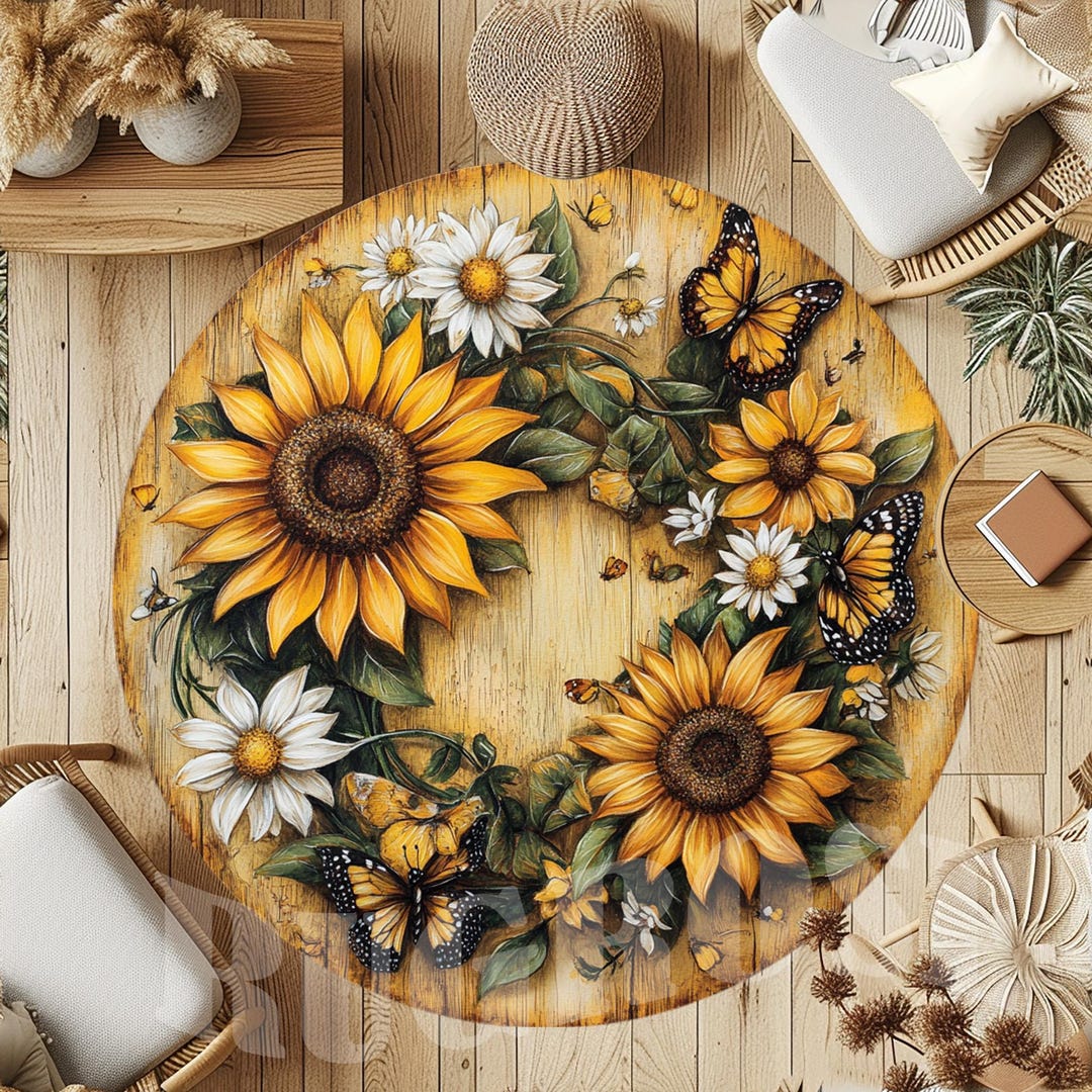 Sunflower Rug,round Sunflower Rug,daisy Rug, Butterfly Rug,sunflower ...