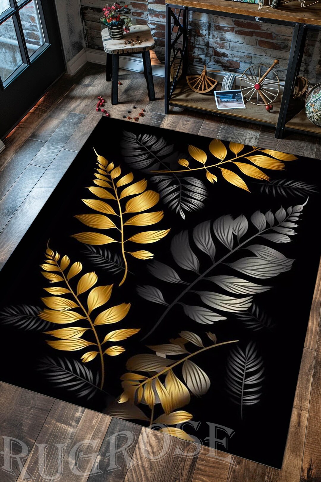 Gold Leaf Rug, Leaf Pattern Rug, Black and Gold Leaf Rug, Leaves Rug ...
