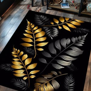 Gold Leaf Rug, Leaf Pattern Rug, Black and Gold Leaf Rug, Leaves Rug ...