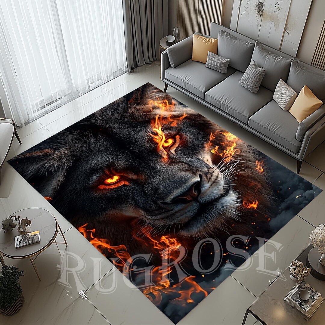 Lion in Fire Rug, Rustic Animal Print Area Rug - Etsy