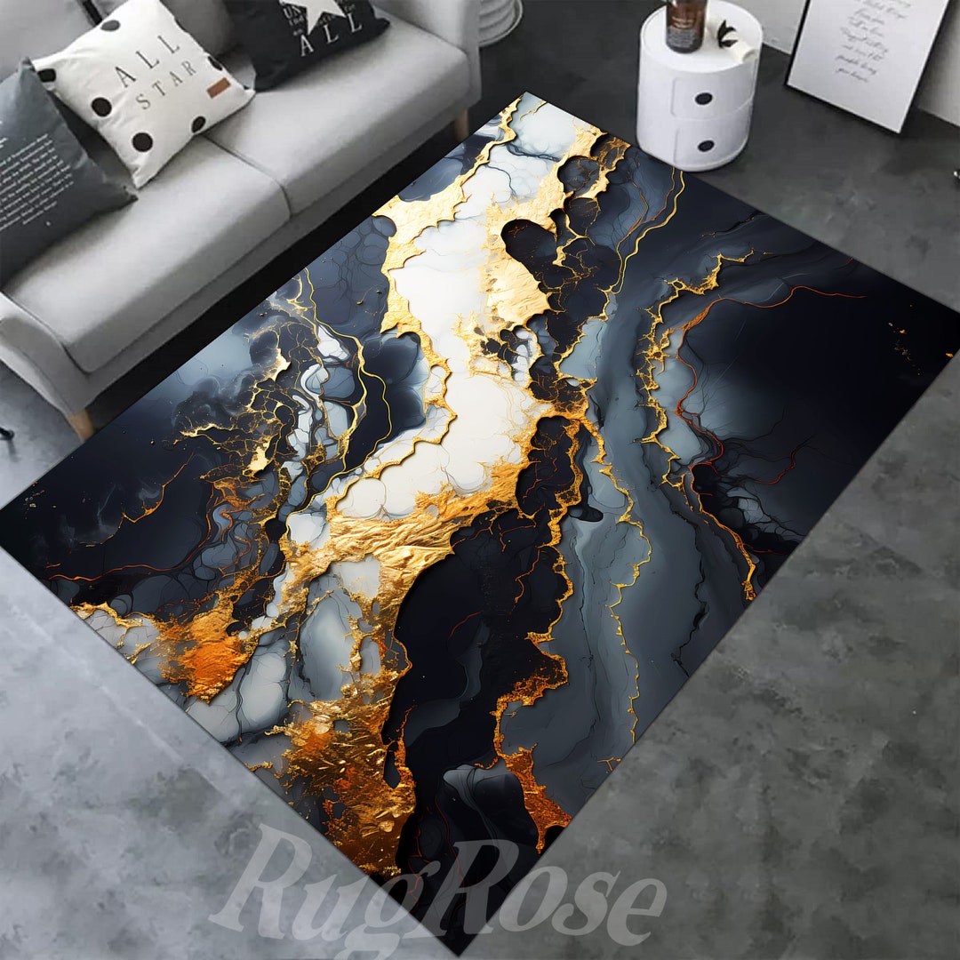 Marble Design Rug,black Gold Marble Rug,marble Effect Rug,marble Rug ...