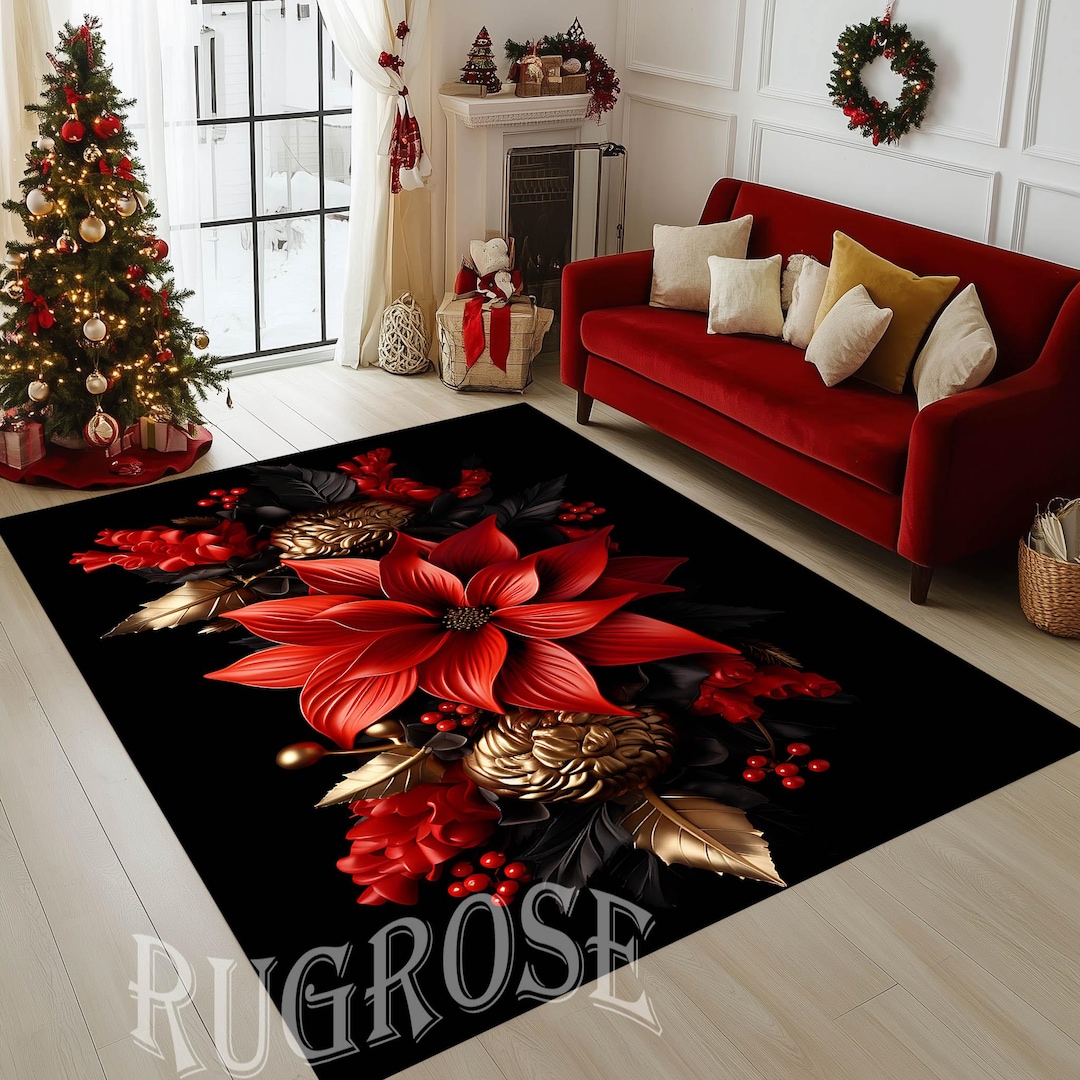 Red Poinsettia Rug, Poinsettia Flower Rug,christmas Decoration,red Gold ...
