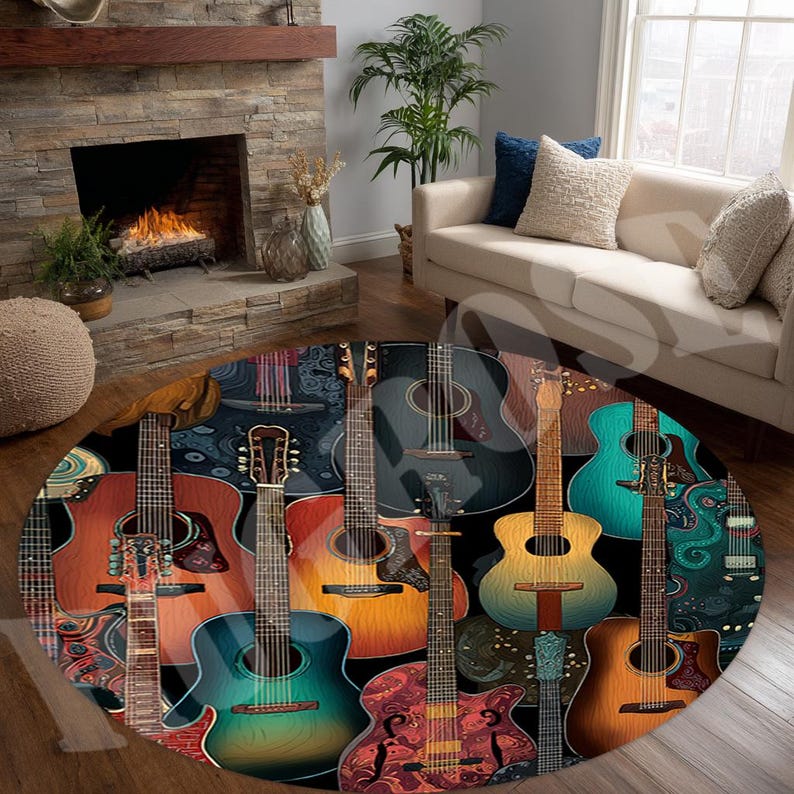 Round Guitar Rug, Music Room Decor, Non-slip Cotton Base - Etsy