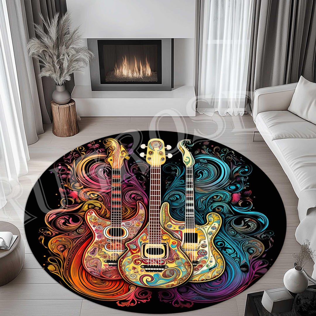 Neon Guitar Round Rug, Music Room Decor - Etsy