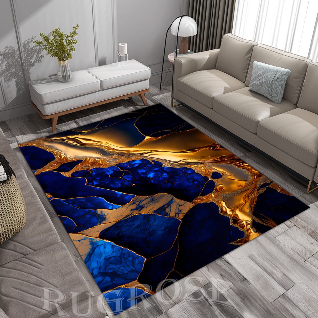 Blue Gold Marble Rug, Stone Pattern, Non Slip Modern Area Rug - Etsy