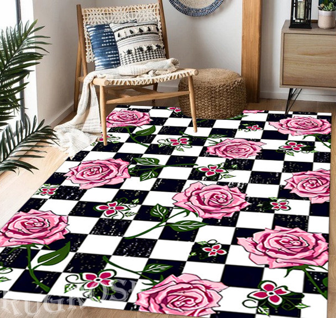 Pink Rose Rug, Modern Floral Rug, Square Pattern Rug, Black Striped Rug ...