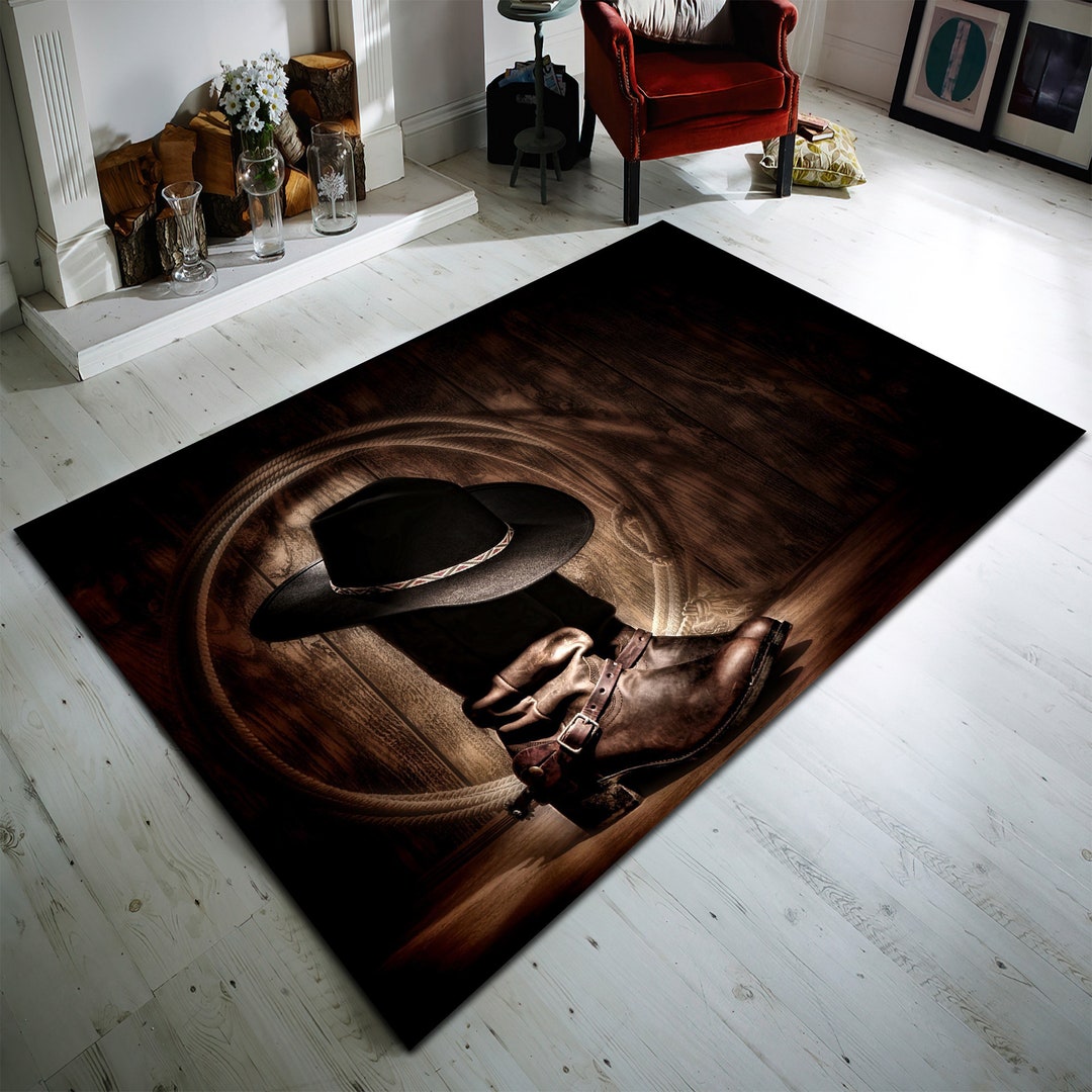 Cowboy Boot, Hat and Rope, Cowboy Rug,cowboy Pattern Rug, Living Room ...
