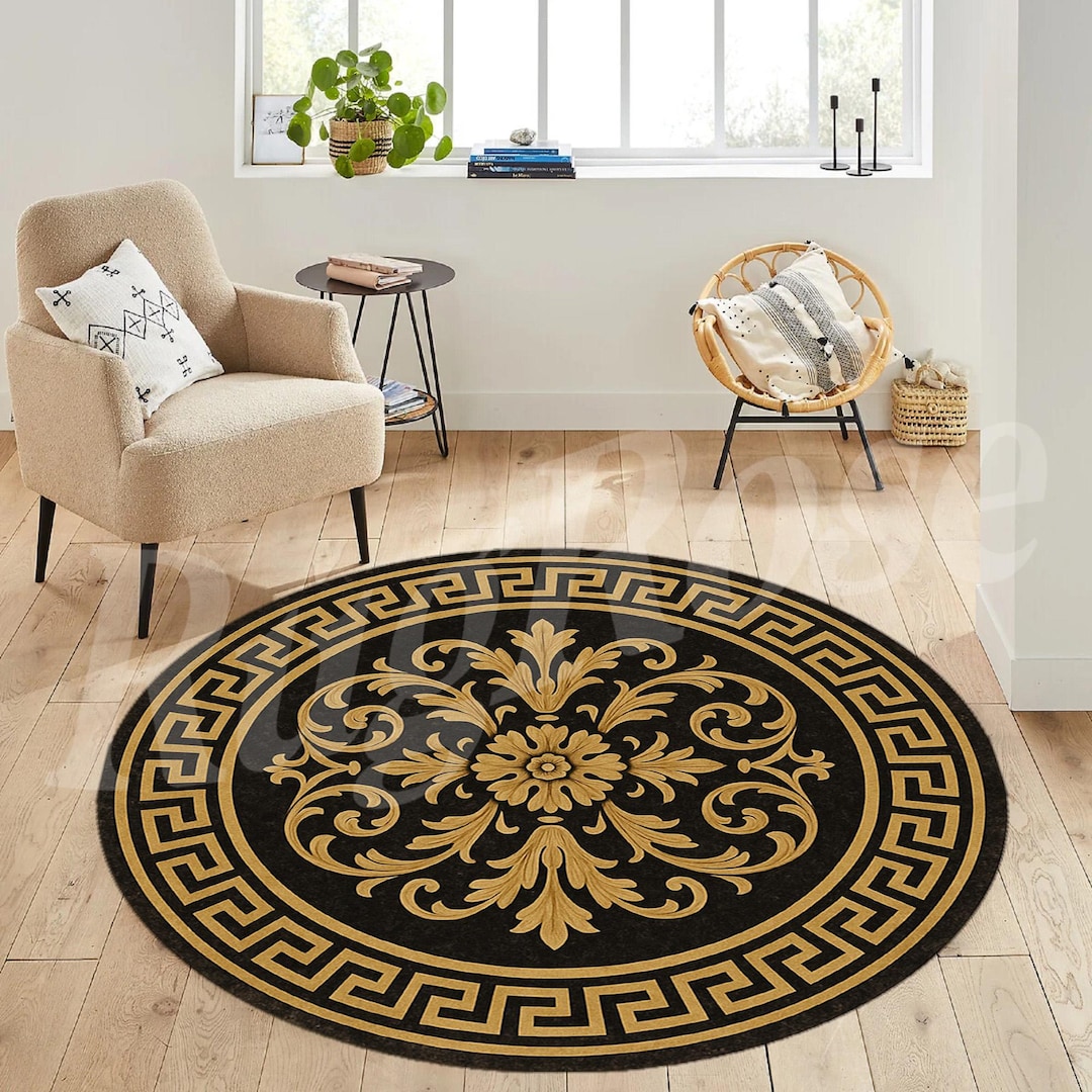 Gold Greek Key Round Rug, Modern Black Living Room Decor - Etsy