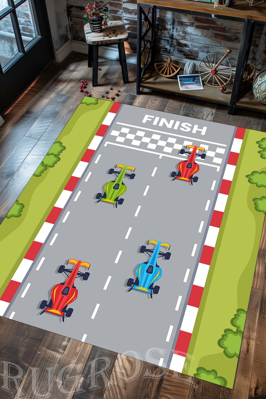 Racing Car, Racing Car Rug, Finish Line, Car Pattern Rug, Gaming Room ...