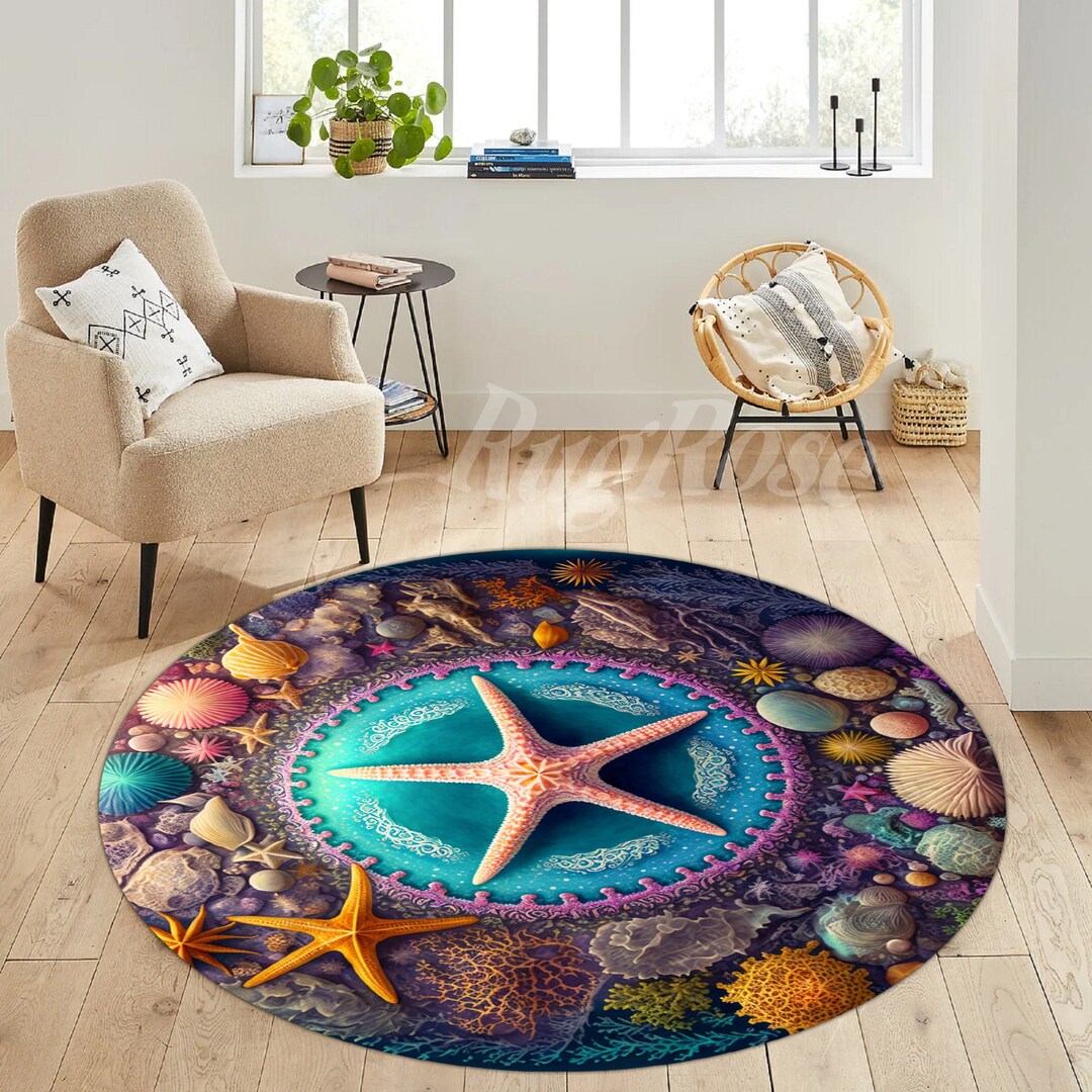 Starfish Rug, Sea Shells Rug, Fish Rug, Sea Shells Round Rug, Marine ...