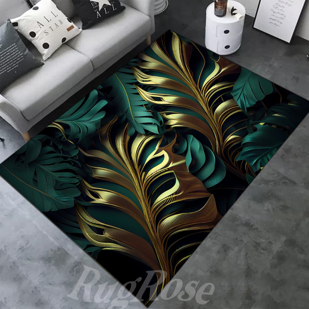 Leaf Pattern Rug, Green Gold Leaves, Big Green Leaf Rug, Green Plant ...