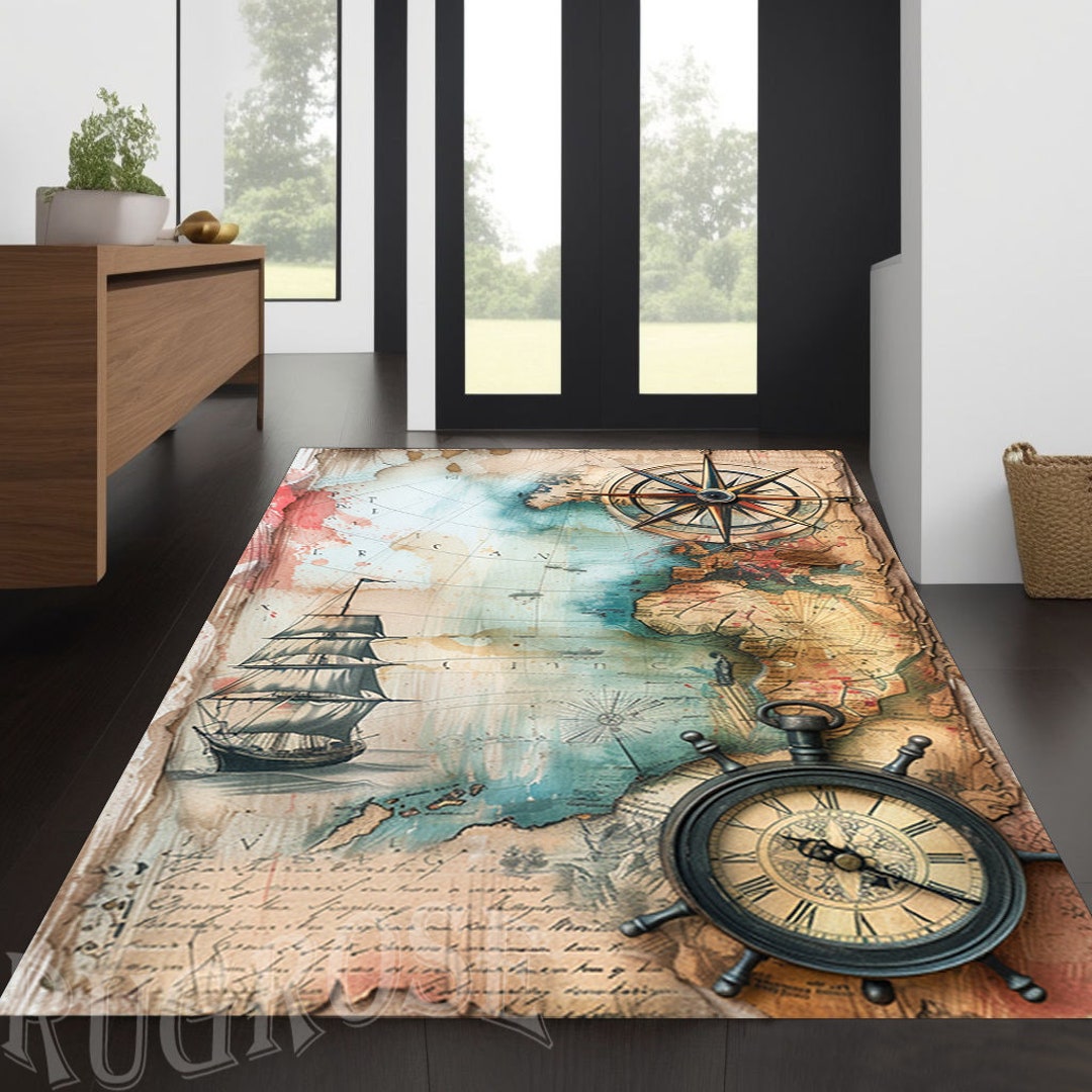 Old Maps, Compass, Compass Themed Rug, Nautical, Nautical Rug,ship ...