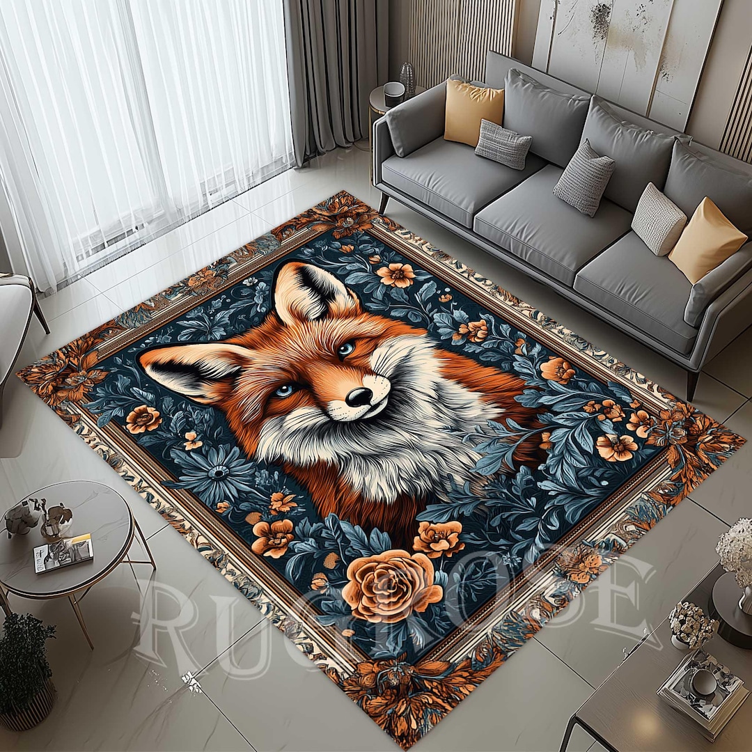 Red Fox Rug, Fox Area Rug, Fox Decor Rug, Fox in Flowers Rug, Floral ...