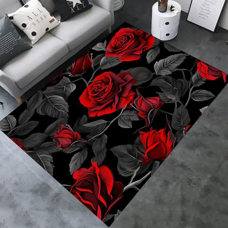 Red Rose Floral Rug, Black Accent, Modern Home Decor - Etsy