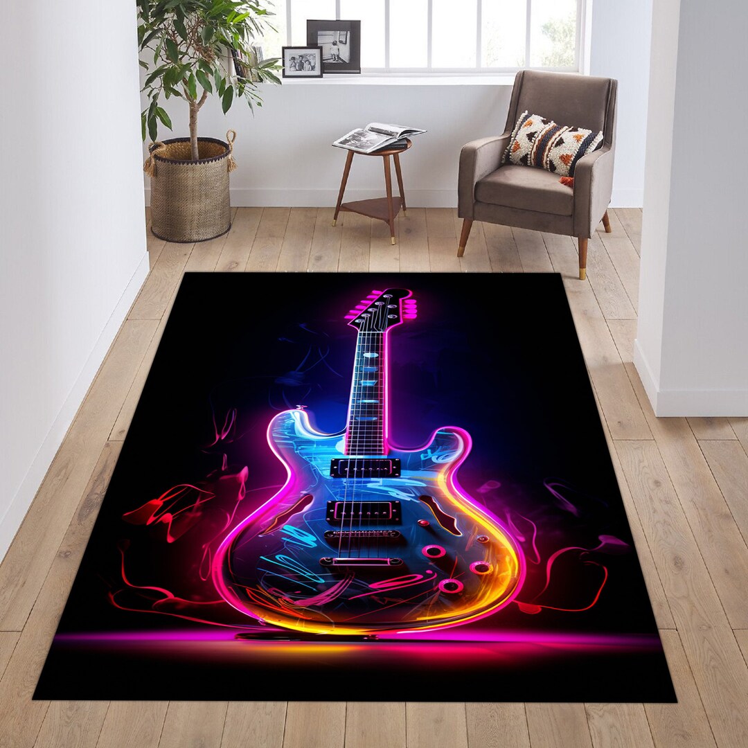 Guitar, Neon Guitar Rug, Guitar Themed Rug, Guitar Design Rugs, Music ...