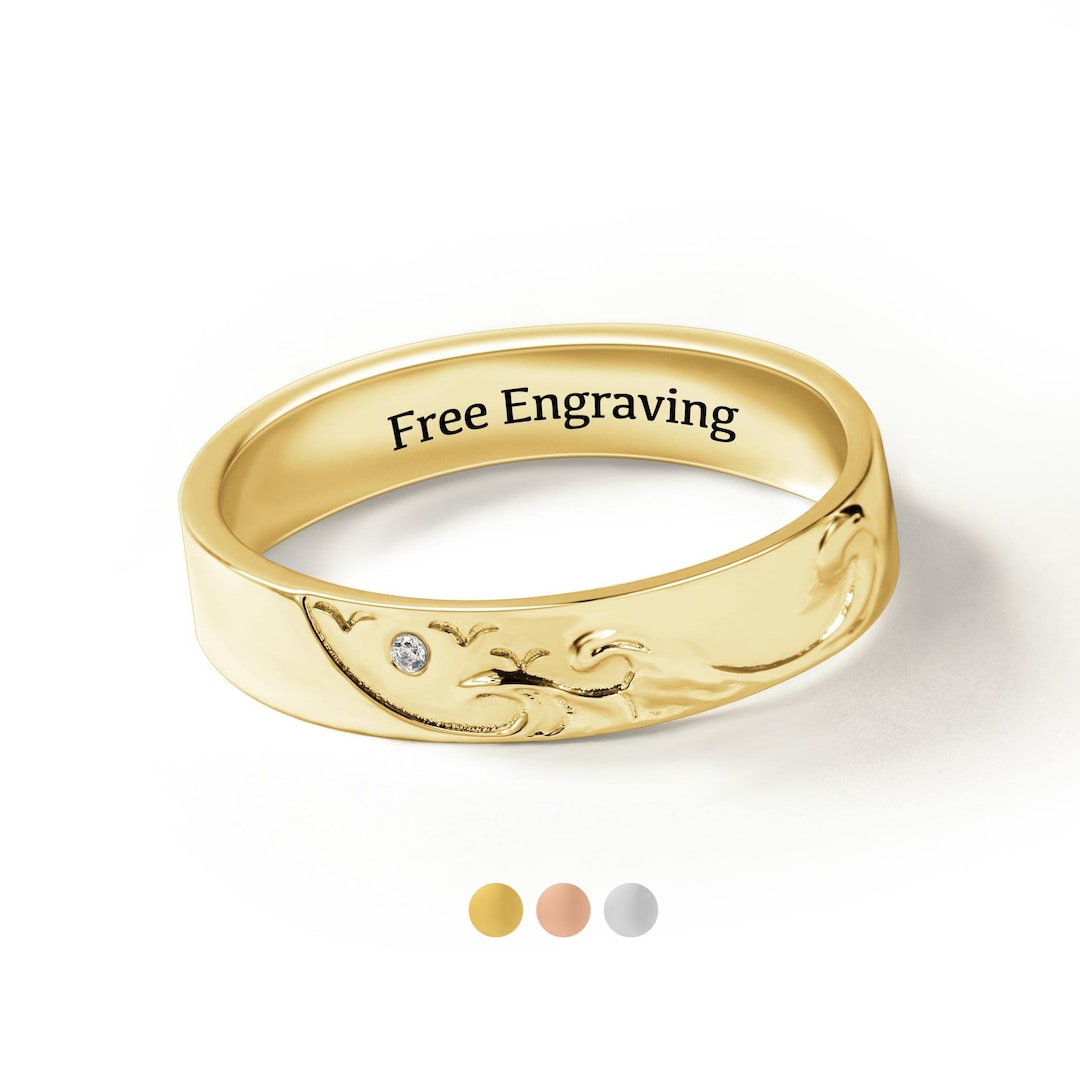 Custom Gold Ocean Sea Wave Moon Ring With Zircon 925 Sterling Silver ...