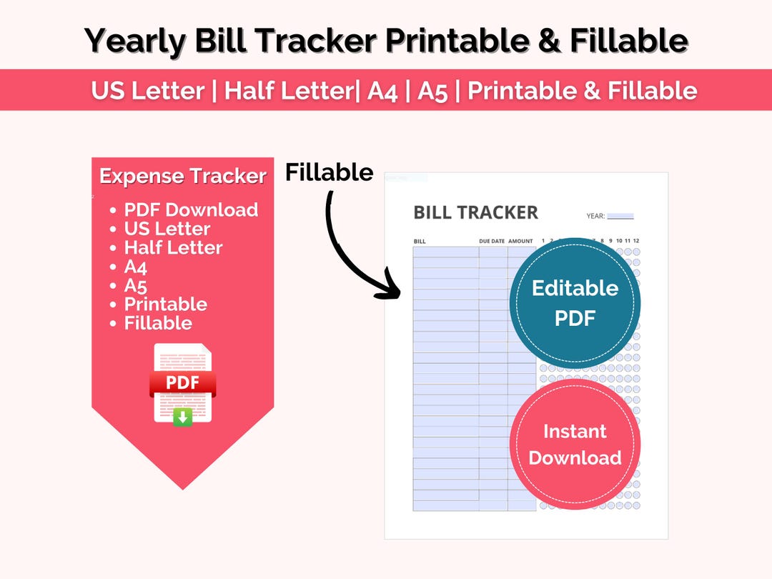 Annual Bill Tracker Fillable & Printable, Editable Expense Log, Budget ...