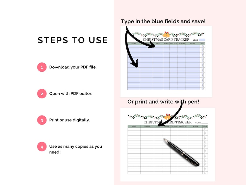 Christmas Card Tracker Printable Landscape, Editable Christmas Card ...