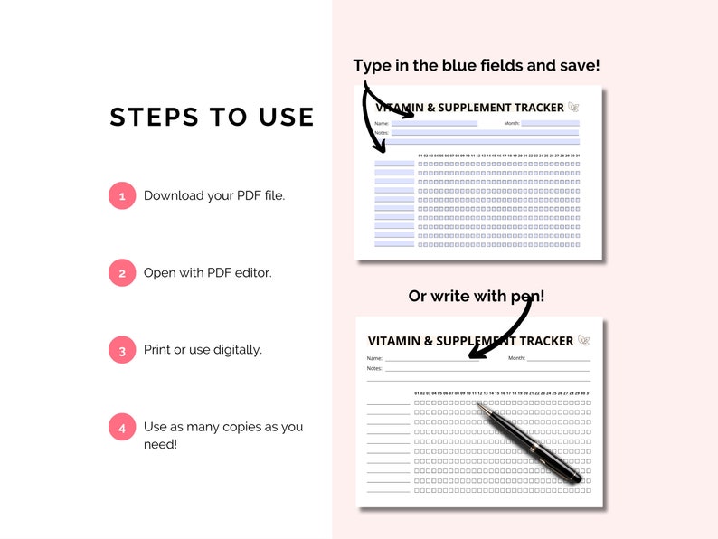 Editable Vitamin and Supplement Tracker Printable | Daily Health Tracker PDF | A4 & US Letter ...
