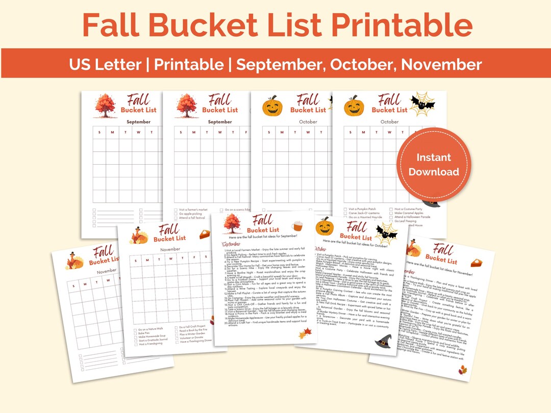 Fall Bucket List Printable, Fun Autumn Activities, September Bucket ...