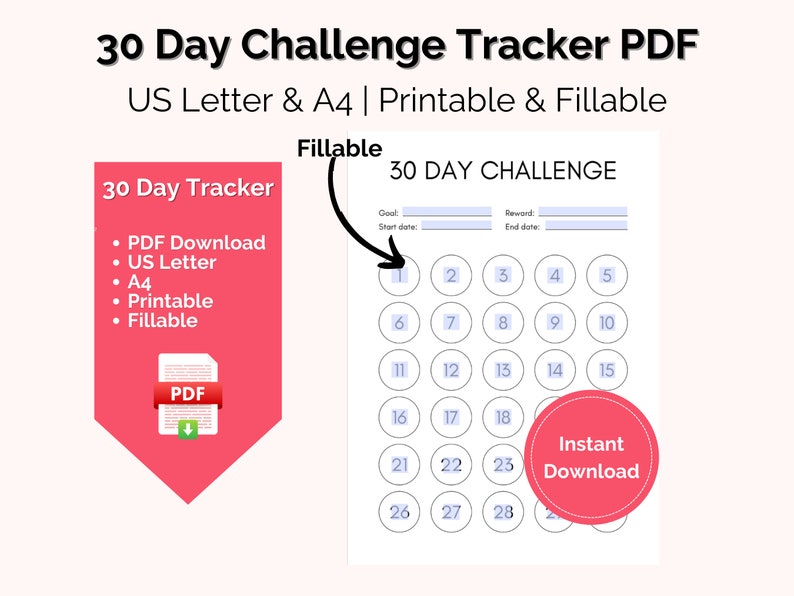 30 Day Challenge Tracker Printable, Digital Habit Tracker, Goal Setting ...