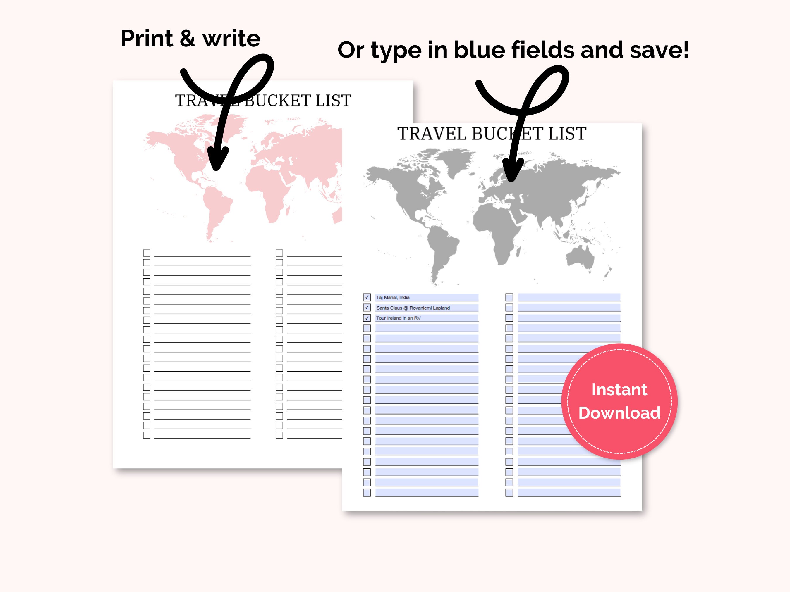 Travel Bucket List Printable, Fillable Travel to Do List, Travel ...