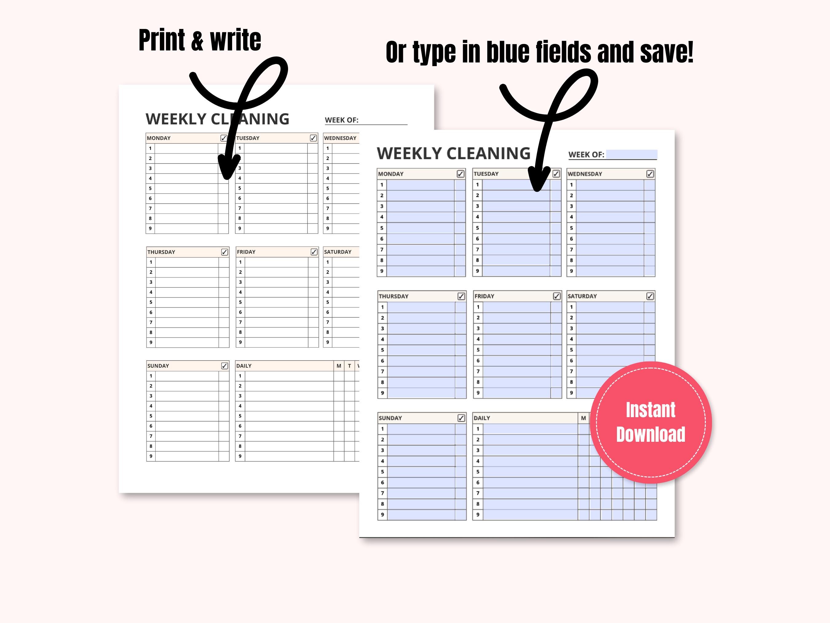 Editable Weekly Cleaning Checklist Printable, Daily and Weekly Cleaning ...