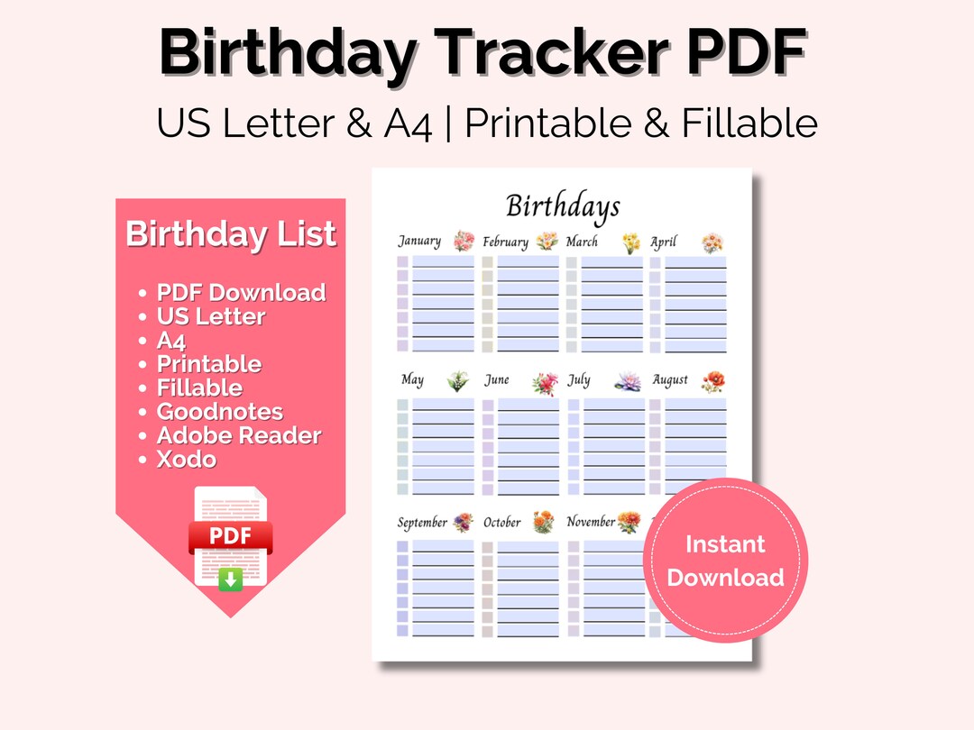 Birthday Tracker Printable, Birth Month Flower Birthday Calendar ...