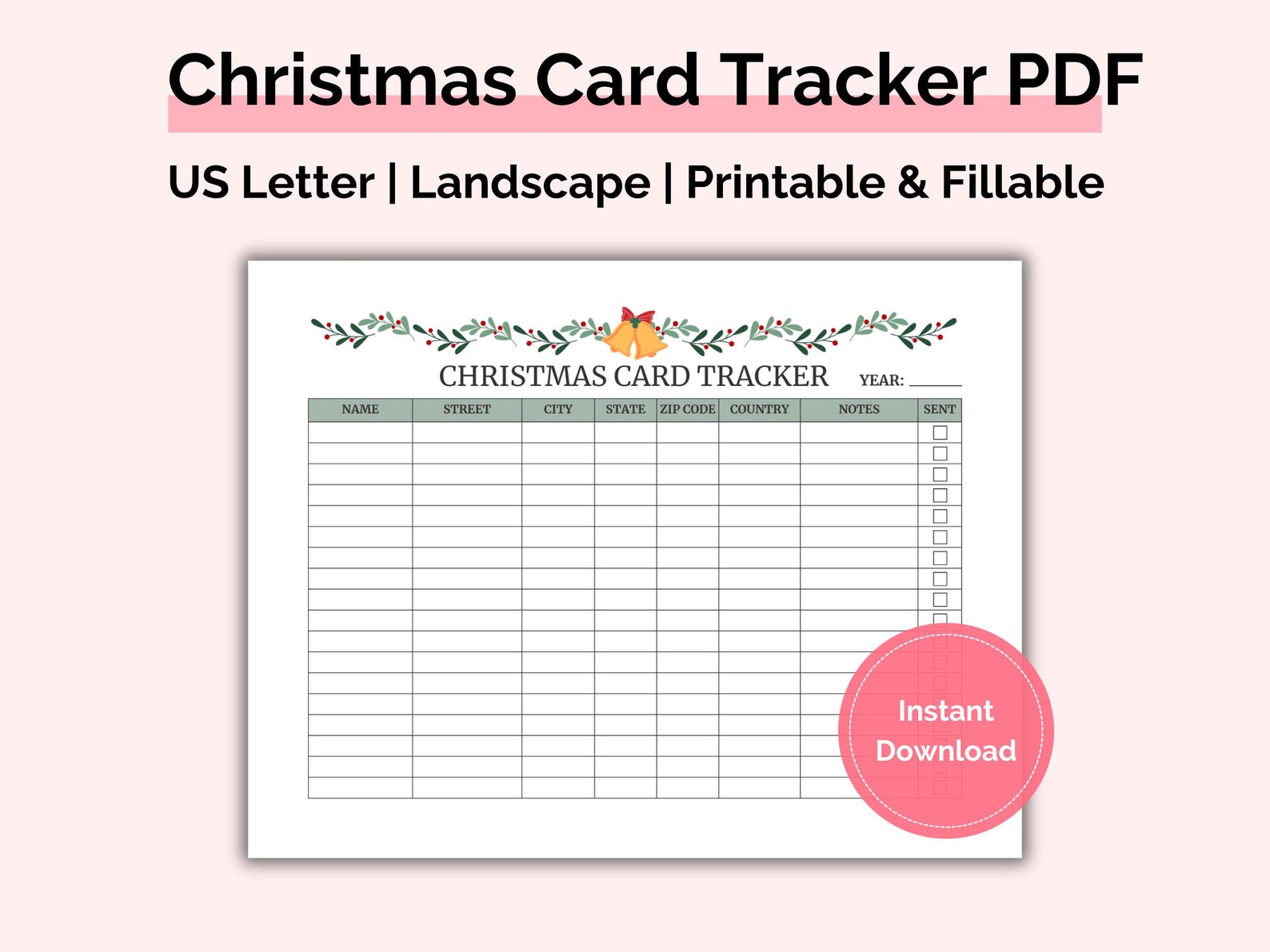 Christmas Card Tracker Printable Landscape, Editable Christmas Card ...