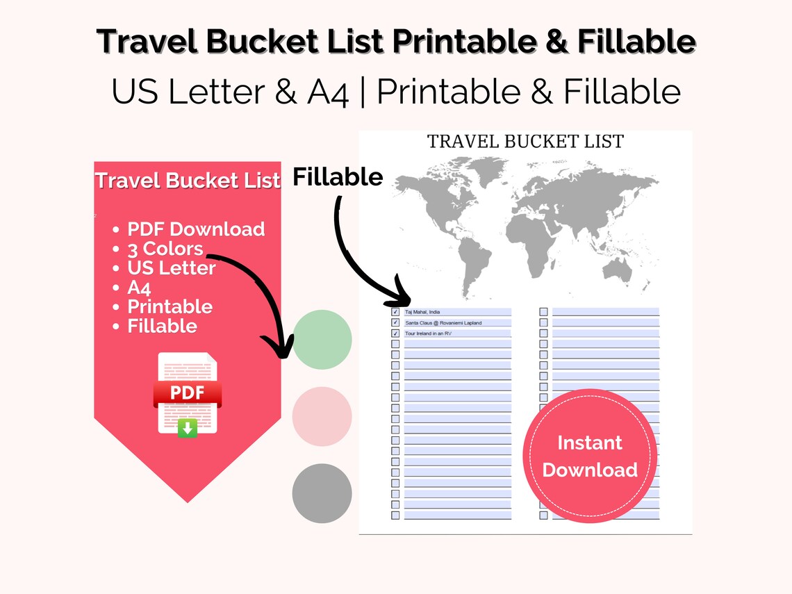 Travel Bucket List Printable, Fillable Travel to Do List, Travel ...