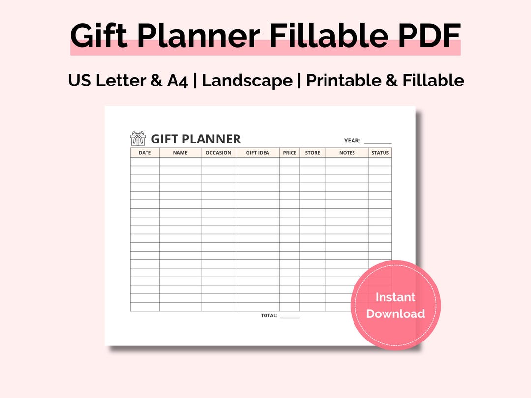 Gift Ideas Tracker Printable Landscape, Fillable Gift Shopping List ...