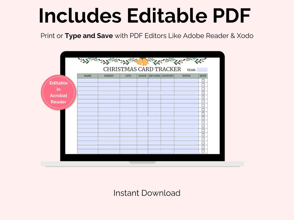 Christmas Card Tracker Printable Landscape, Editable Christmas Card ...