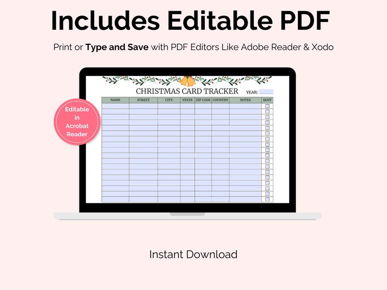 Christmas Card Tracker Printable Landscape, Editable Christmas Card ...