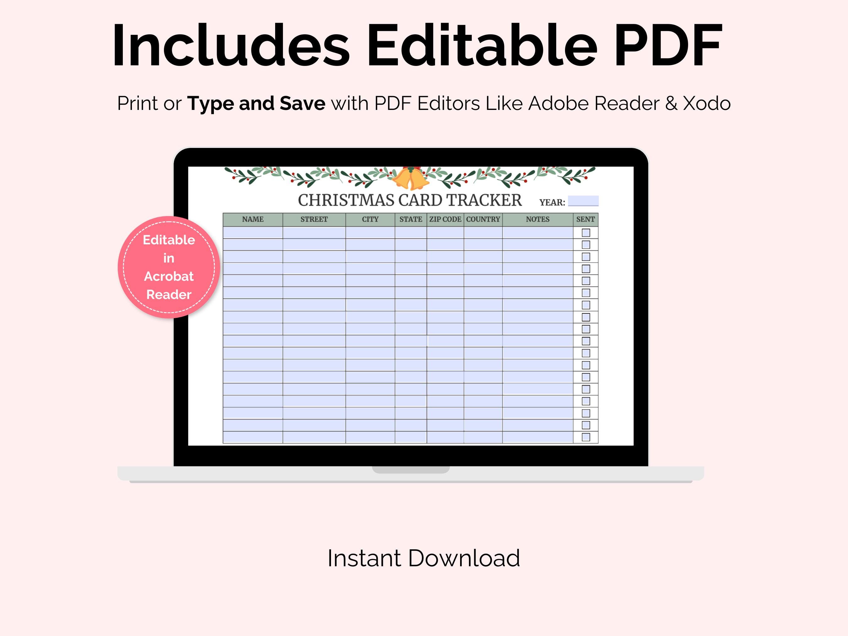 Christmas Card Tracker Printable Landscape, Editable Christmas Card ...