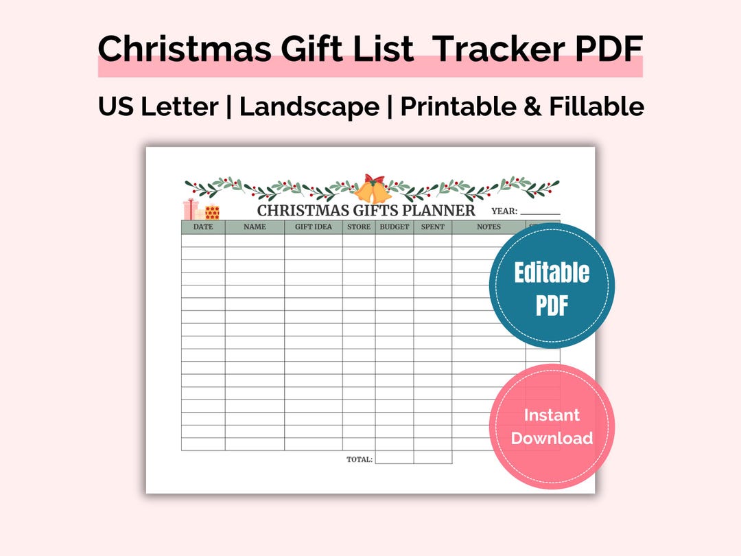 Christmas Gift List Tracker Printable Landscape, Fillable Holiday ...