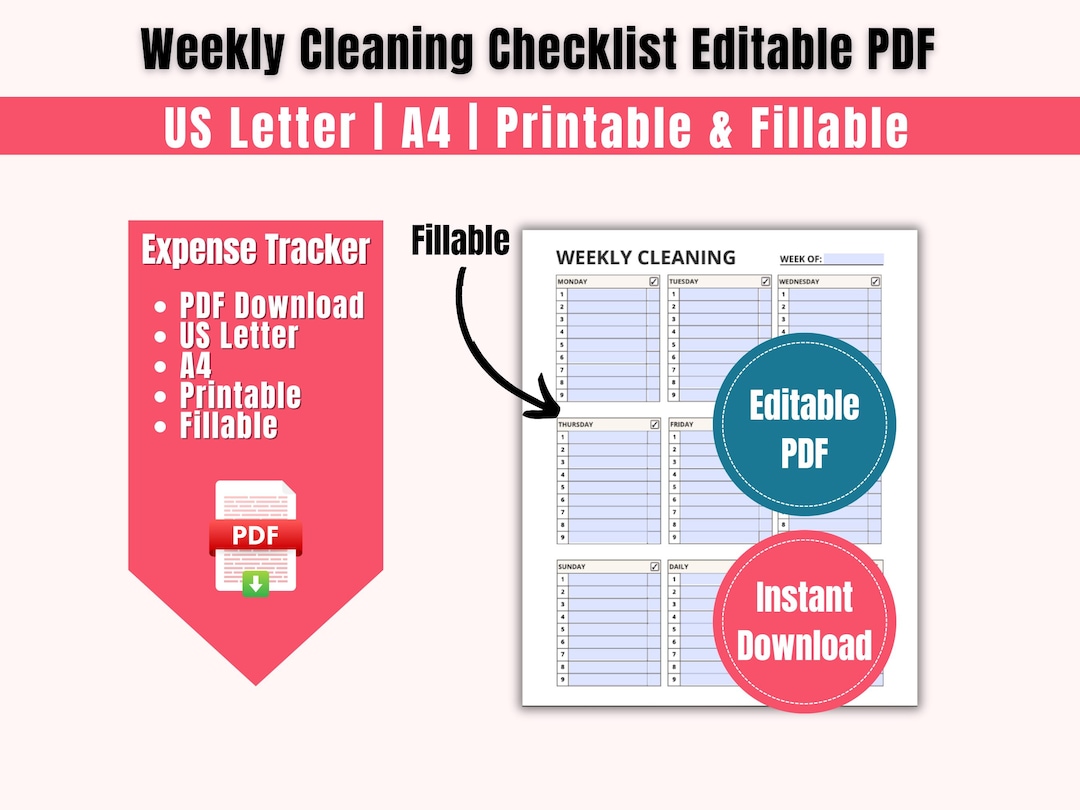 Editable Weekly Cleaning Checklist Printable, Daily and Weekly Cleaning ...