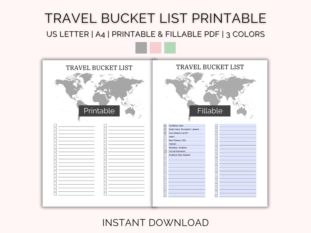 Travel Bucket List Printable, Fillable Travel to Do List, Travel ...