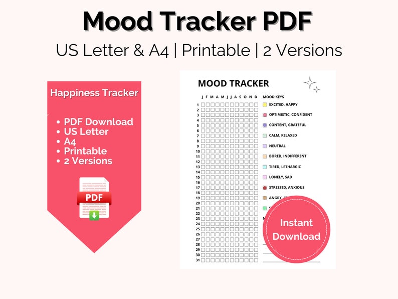 Mood Tracker Printable, Year in Pixels Mood Journal, Yearly Mood Log ...